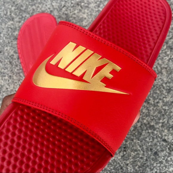 Nike | Shoes | Nike Benassi Slides Just Do It Jdi Red Gold | Poshmark